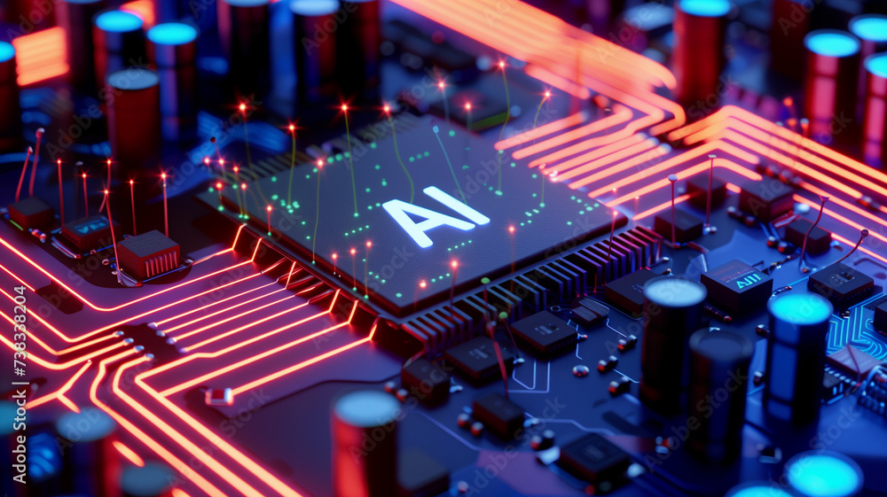 An artificial intelligence chips connected to a neon grid on a circuit ...