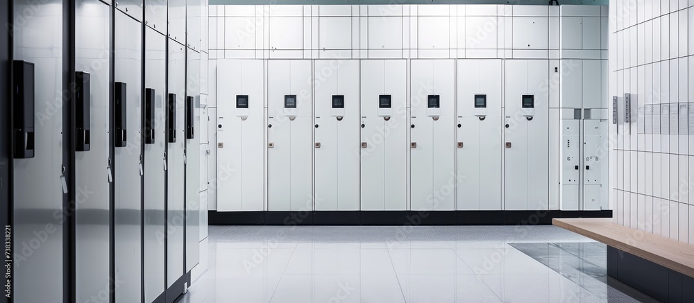 Electronic lockers with white access control in a public space, similar ...