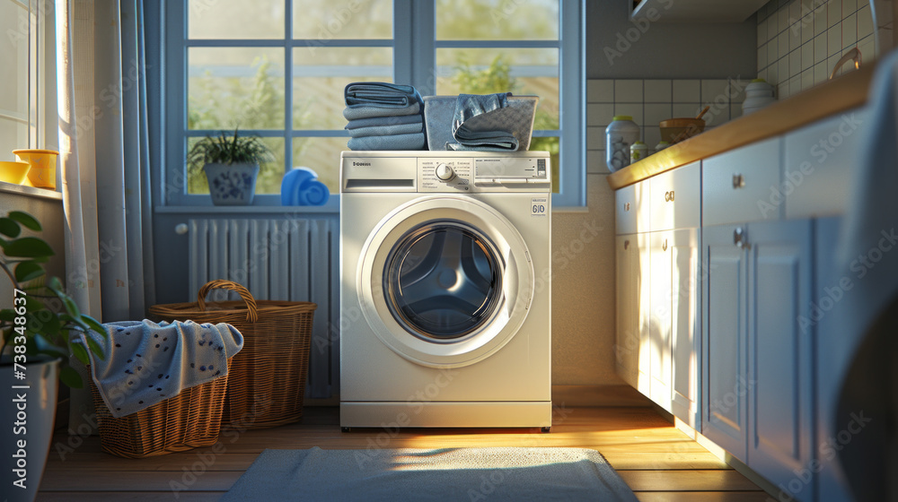 An organized and clutter-free laundry room with a front-loading washing ...