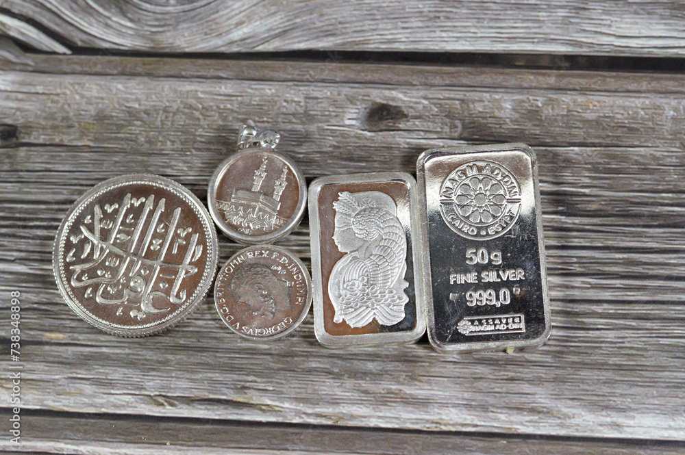 Cairo, Egypt, February 9 2024: Nagm Ad-Din Silver bars and coins, pure ...