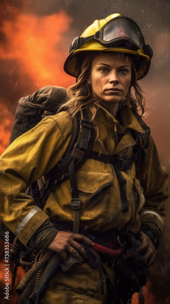 Female firefighter surrounded by fire. Woman saving lives and putting ...