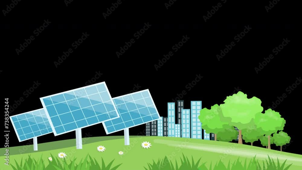 Animated cartoon style solar panels with cityscape and natural green ...