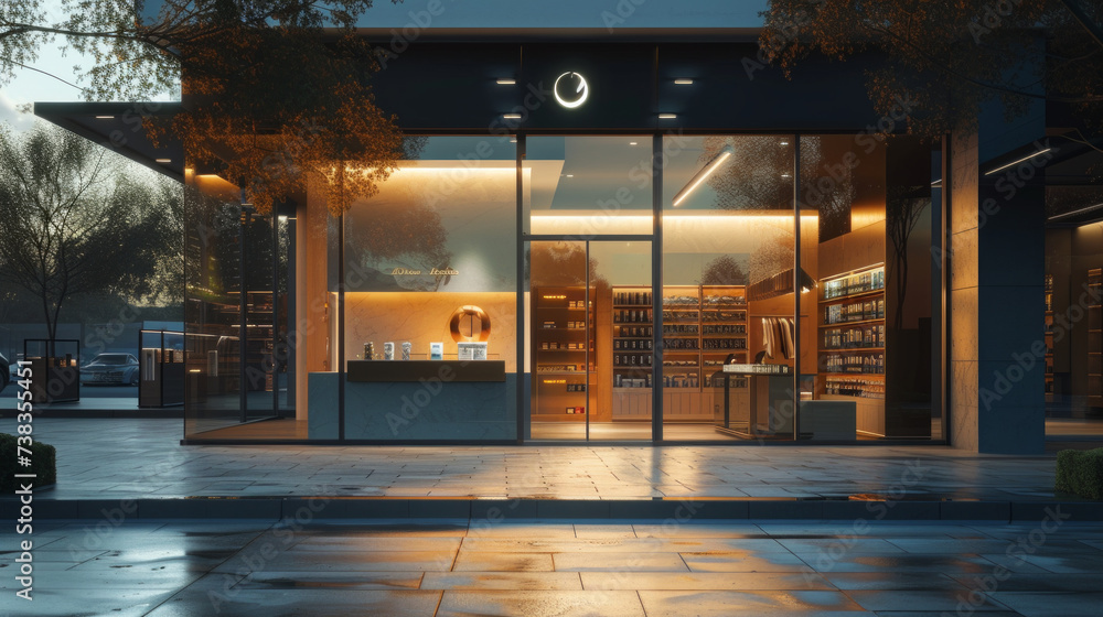 A contemporary storefront exterior with a glass entrance, logo signage ...