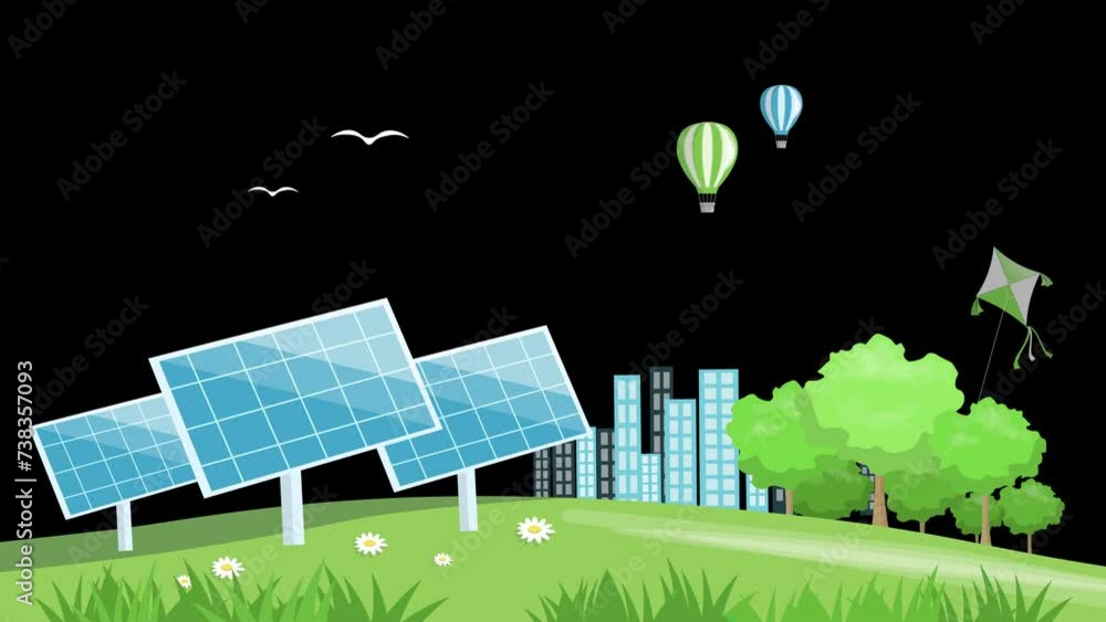 Animated cartoon style solar panels with cityscape and natural green ...
