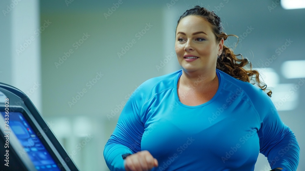 Happy confident overweight woman in blue fitness clothes on trainer ...