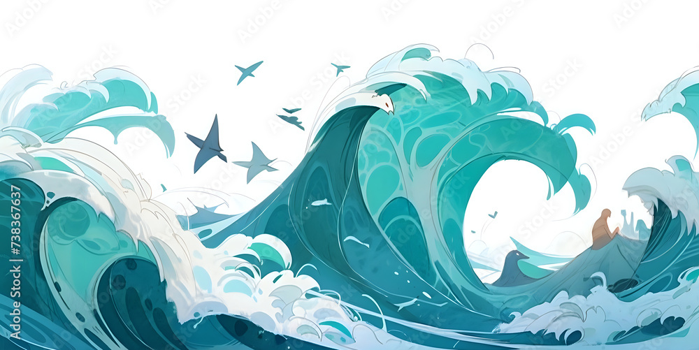 Majestic Ocean Wave and Seabirds Illustration. A captivating ...
