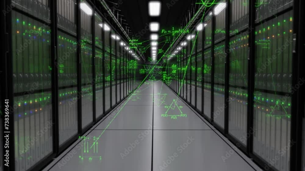3d rendered animation. Aisle in a data center showing racks of ...