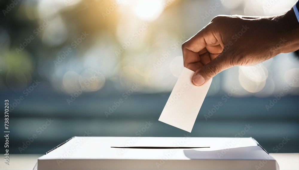 Election day scene: Male voter placing ballot in box, with a blurred ...
