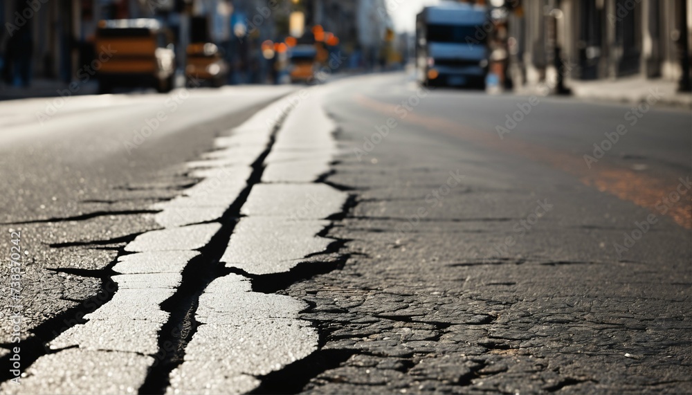 Busy city street with a long crack in the road, illustrating the ...
