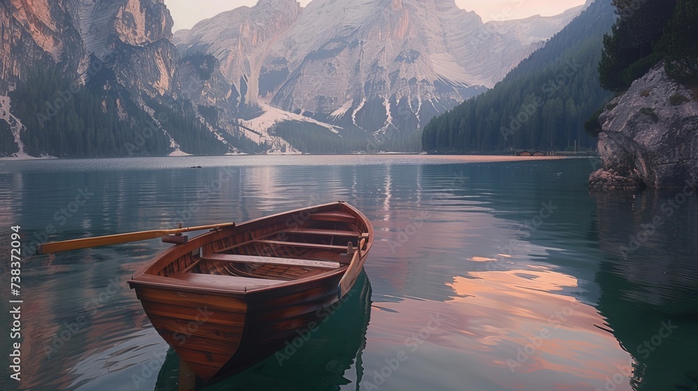 Behold the stunning sight of a traditional wooden rowing boat adrift on ...