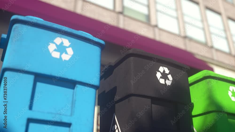 Colorful, plastic garbage bins, with recycle logo, stacked in a row ...