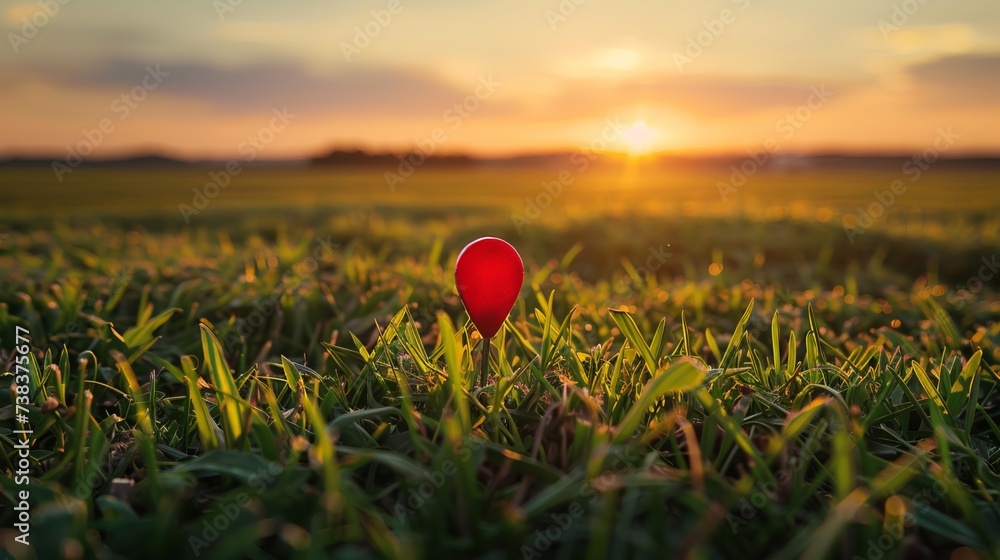 A green field basks in the glow of sunset, with a prominent big red pin ...