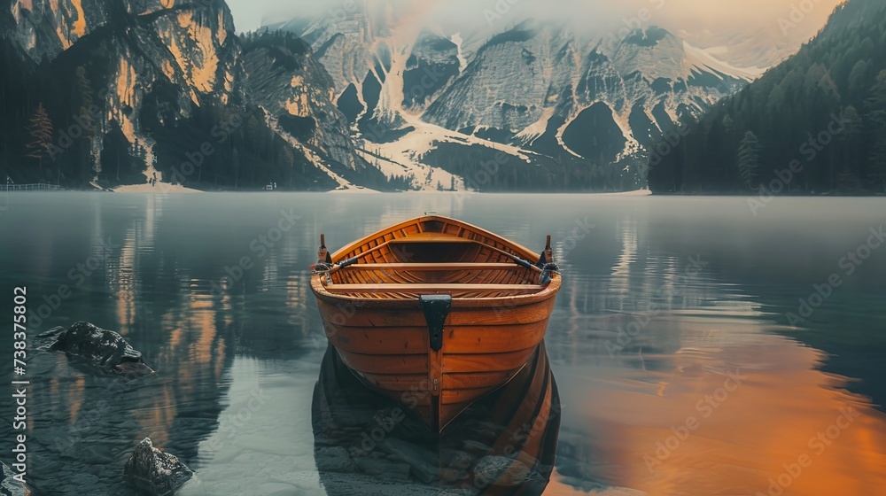 Behold the stunning sight of a traditional wooden rowing boat adrift on ...