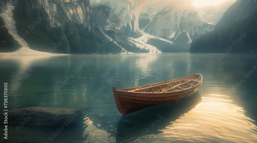 Behold the stunning sight of a traditional wooden rowing boat adrift on ...