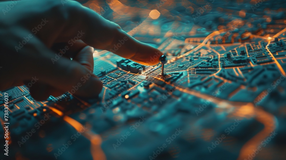 On a digital map, a hand sets the location with two pins. AI technology ...