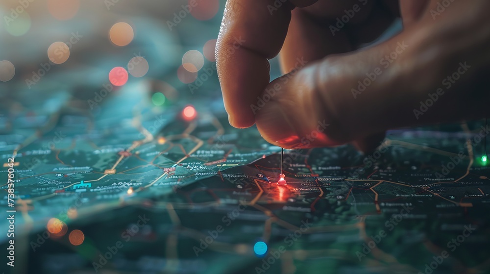 On a digital map, a hand sets the location with two pins. AI technology ...