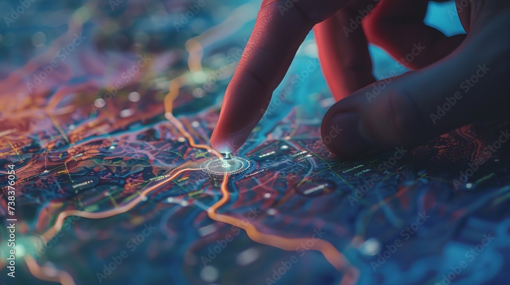 On a digital map, a hand sets the location with two pins. AI technology ...