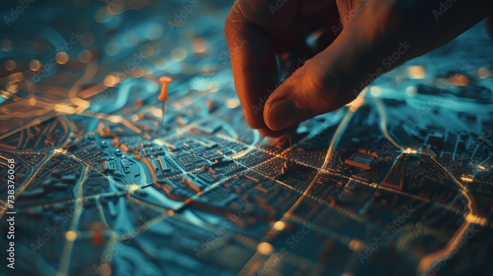 On a digital map, a hand sets the location with two pins. AI technology ...
