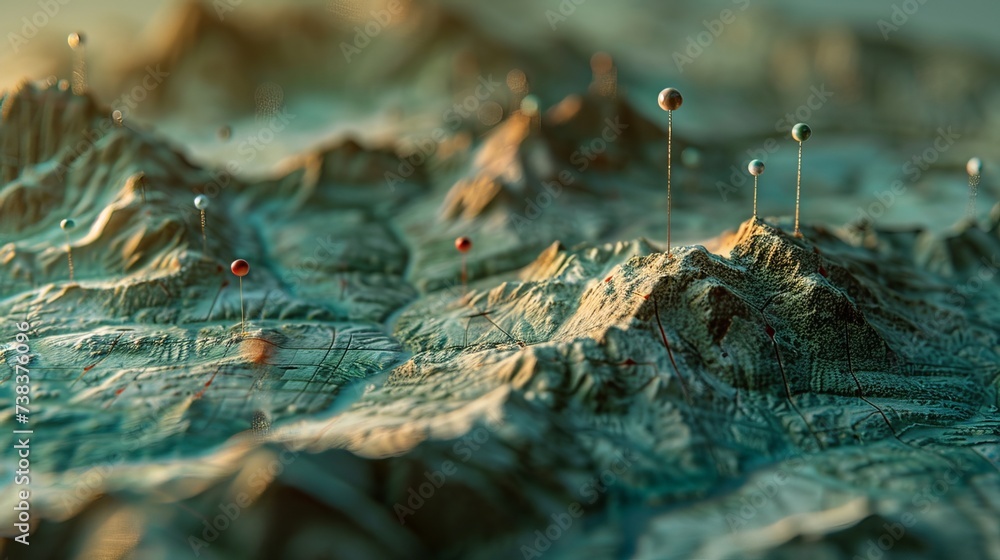 Pins on a geographic map mimic the curvature of mountains, marking ...