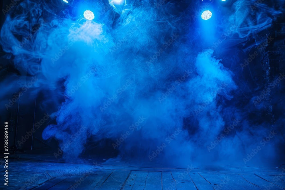 Stage illuminated by intense blue scenic lights with atmospheric smoke ...