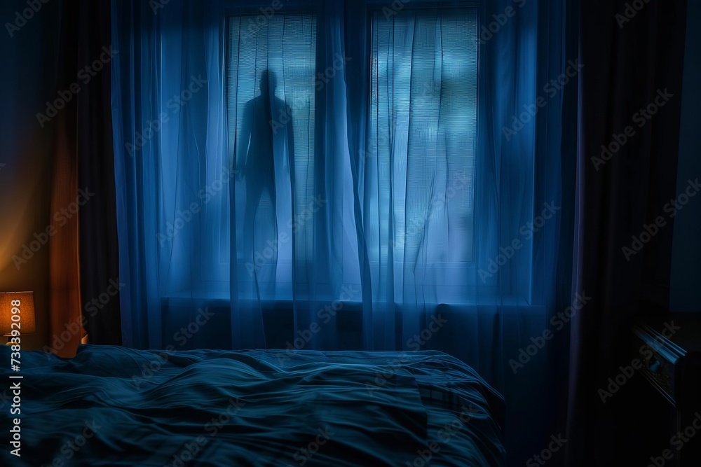Creepy blurred ghost figure behind a bedroom window at night Creating a ...