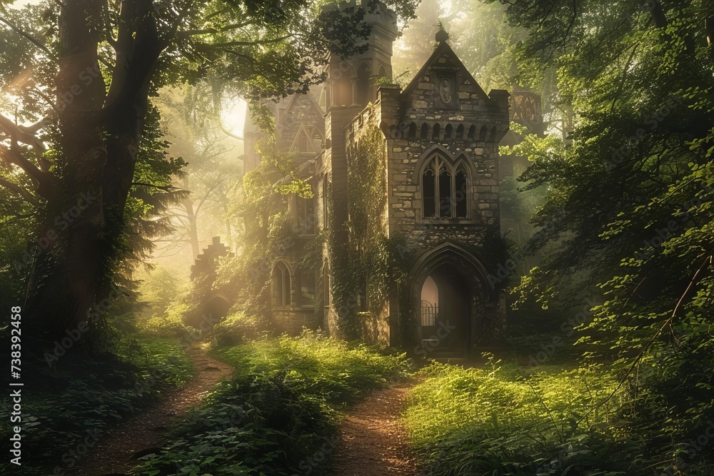Enchanted fairy tale castle in a mystical forest clearing Bathed in ...
