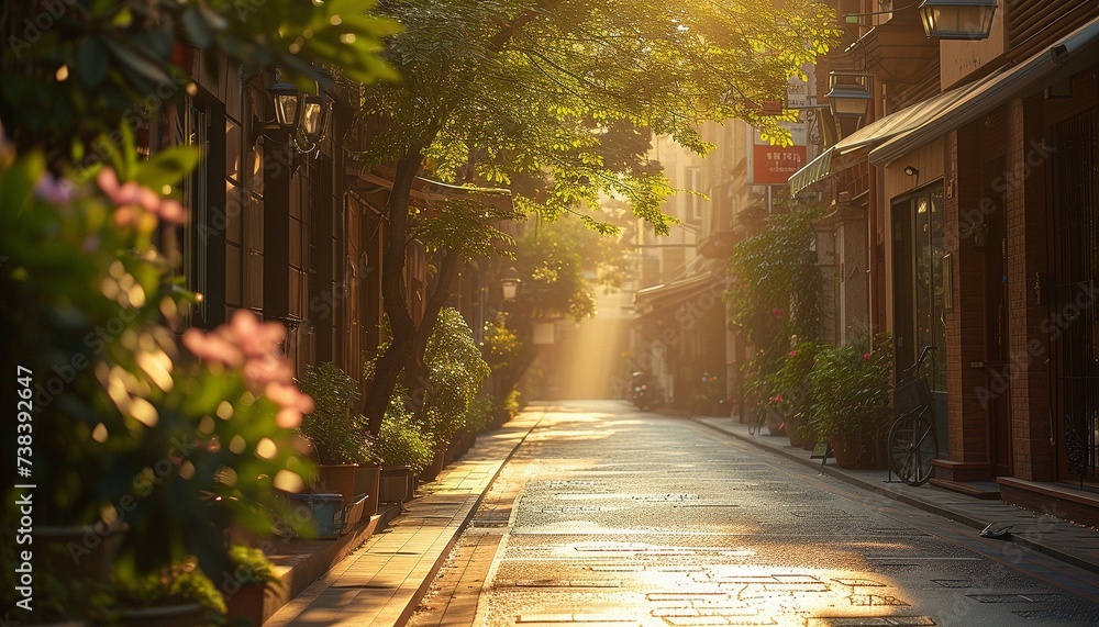 Colorful street photo of beautiful morning streets in the rays of the ...
