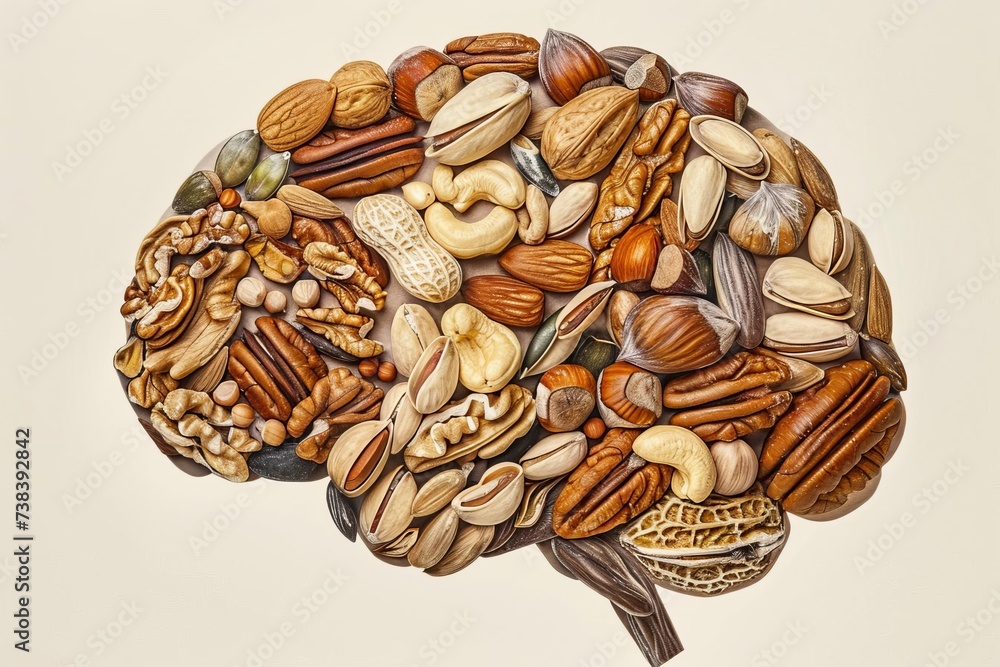 Illustration of a human brain composed of various nuts and seeds ...