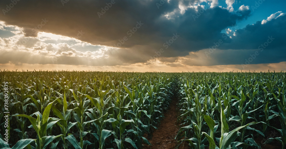 corn crops with a road in the middle with a sky with clouds and sun rays passing Stock ...