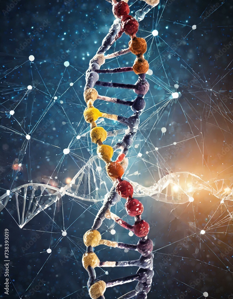 AI illustration from human cell biology DNA strands molecular structure. DNA chain. Science ...