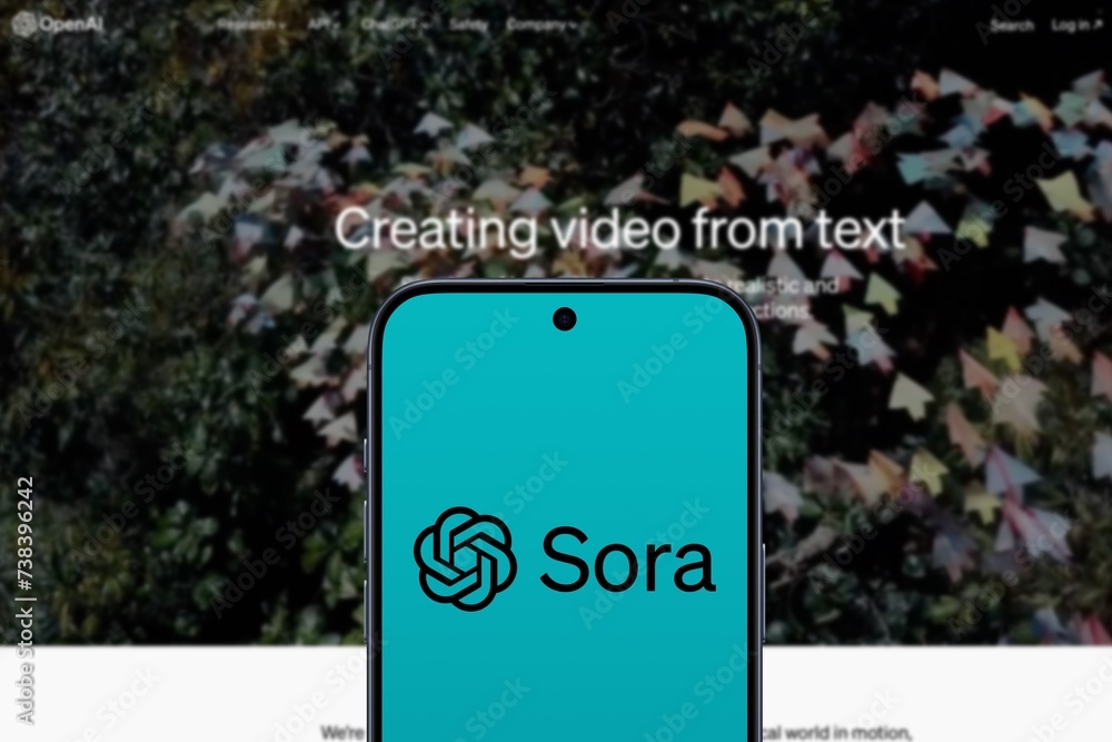 Sora Logo is displayed on a modern smartphone, website of OpenAIs text ...