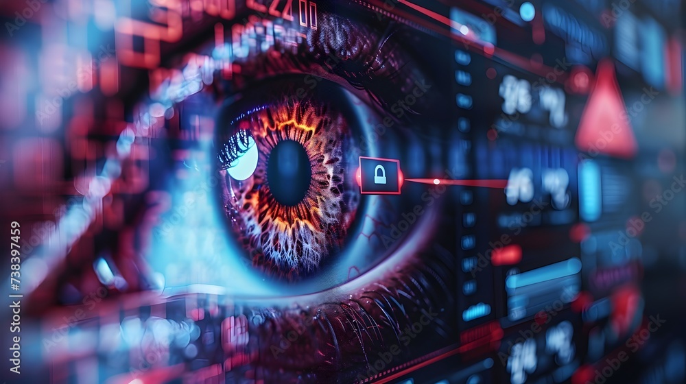 An intense human eye interfaces with advanced cybersecurity visuals ...