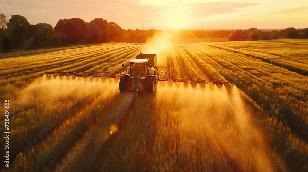 Early morning farming activity captured as a tractor sprays pesticides ...
