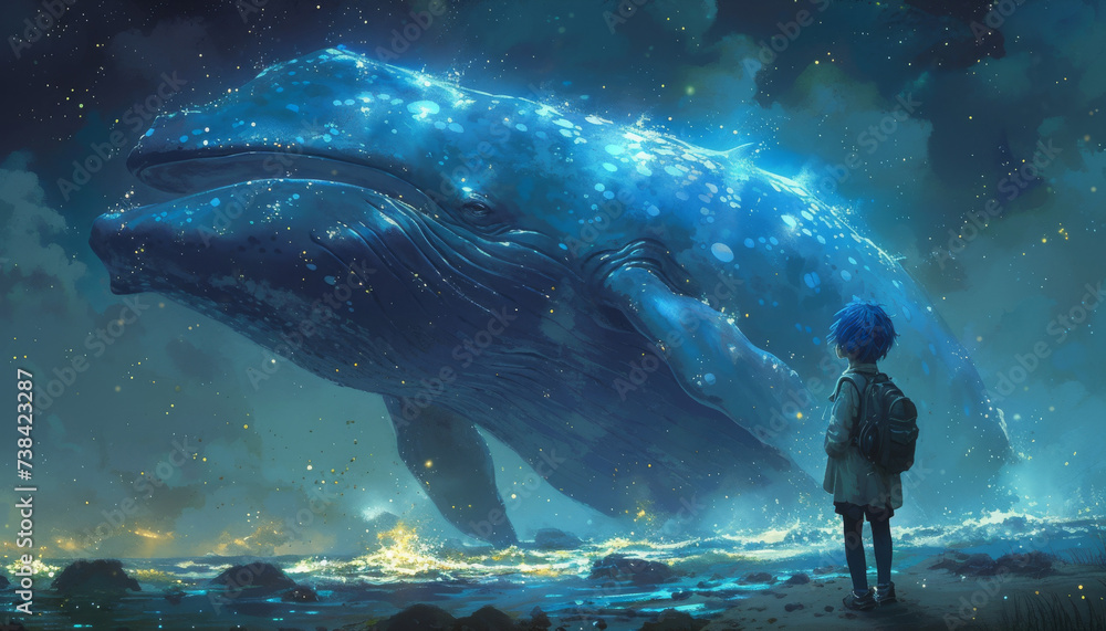 Fantasy child dream, fairy tale background with a little boy with a ...