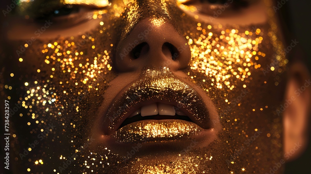 High Fashion model woman in golden bright sparkles Art Gold skin girl ...