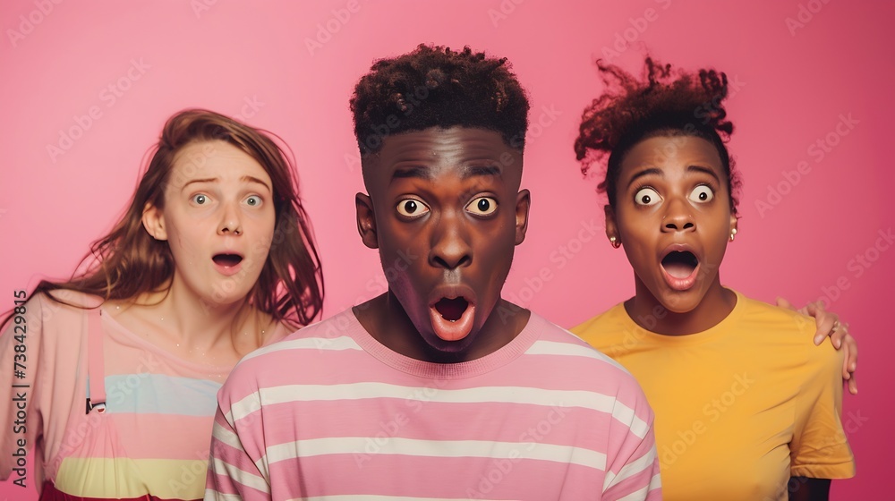 Shocked stupefied dark skinned man and their companions pose against ...
