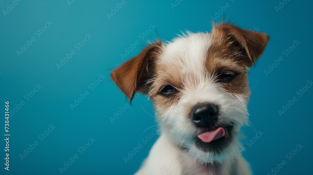 Happy dog puppy winking an eye and smiling on colored blue background ...