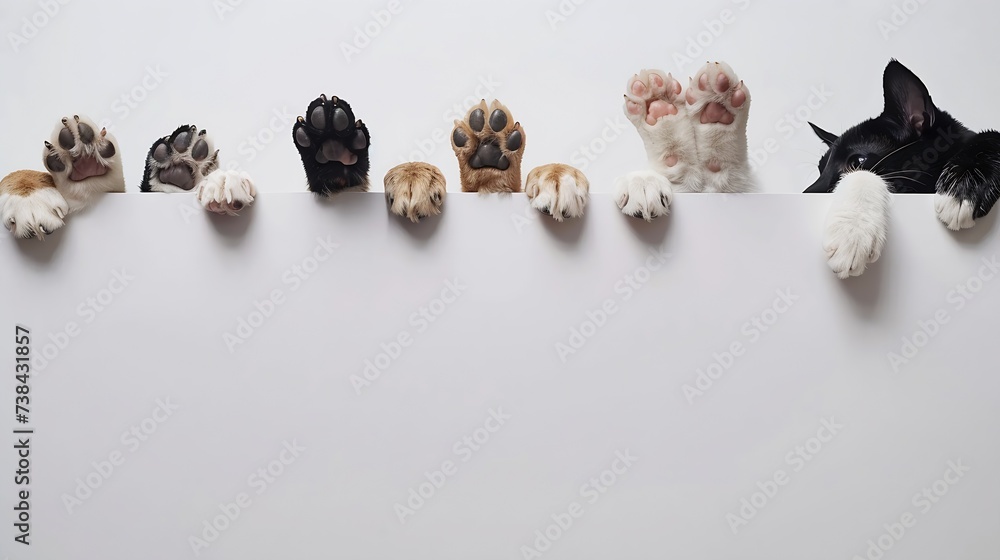 Row of the tops of heads of cats and dogs with paws up, peeking over a ...