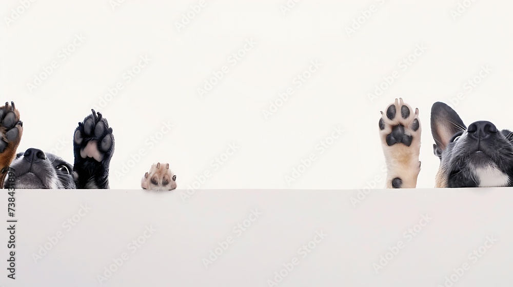 Row of the tops of heads of cats and dogs with paws up, peeking over a ...