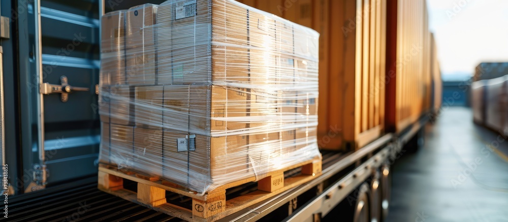 Transporting packages wrapped in plastic on wooden pallets into a ...