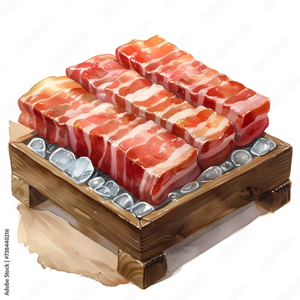 bacon arrangement On the stand with ice in the butcher shop, type of ...