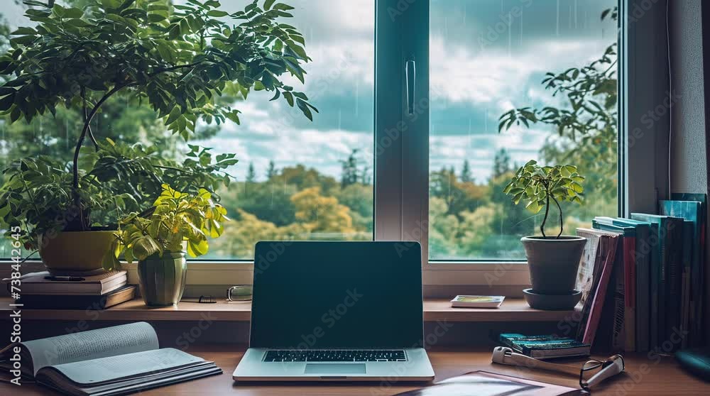 Laptop placed by the window overlooking a tranquil forest, providing an ...