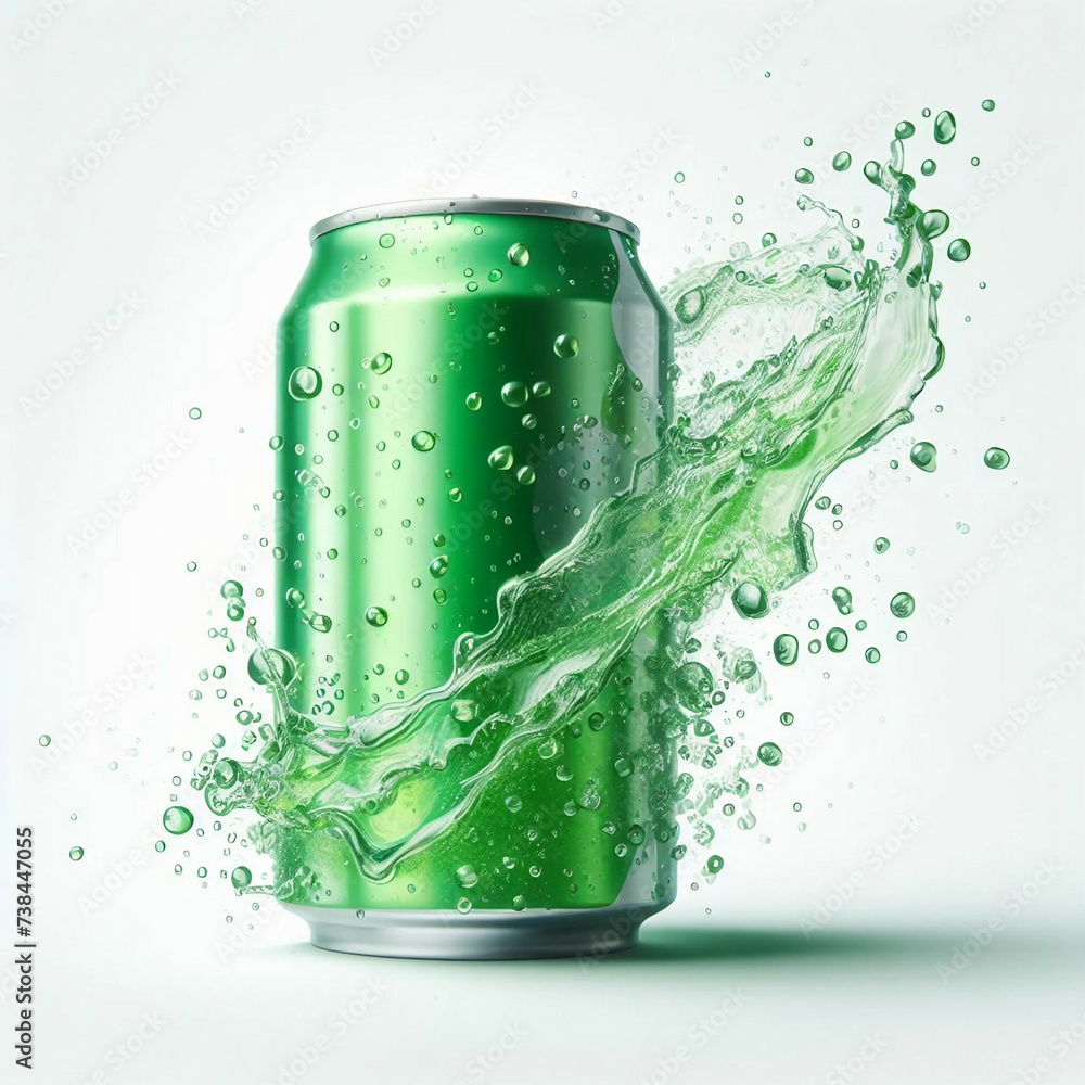 Mockup soft drink with green can and green splash isolated on white ...