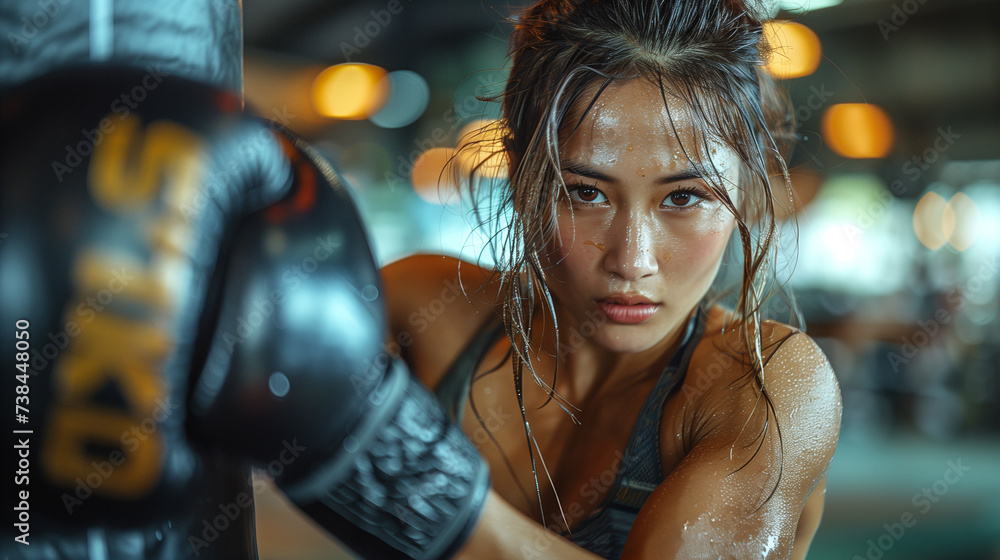 Female Thai Muay Thai boxer looking into a camera at a boxing studio ...