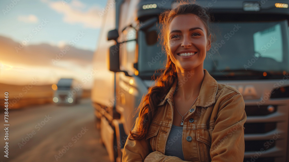 Young female truck driver, arms crossed, poses with her semi-truck, a ...