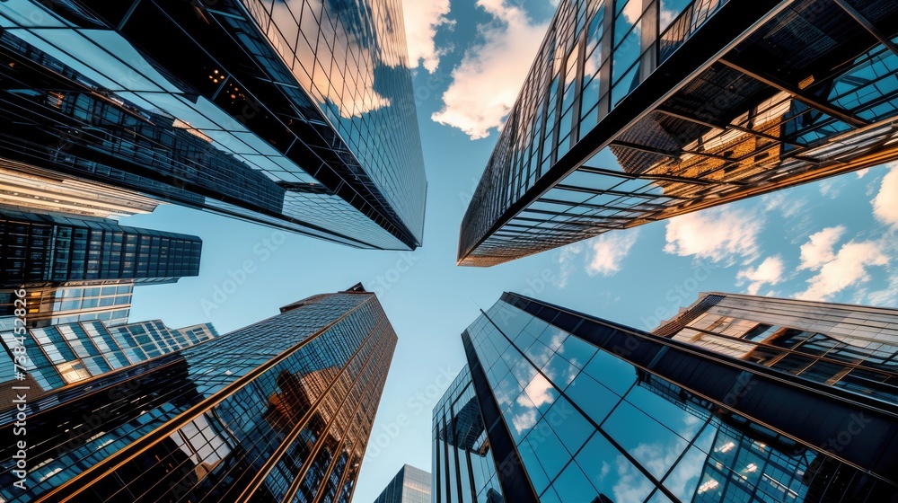 Gazing up at towering skyscrapers against a picturesque azure sky, my ...