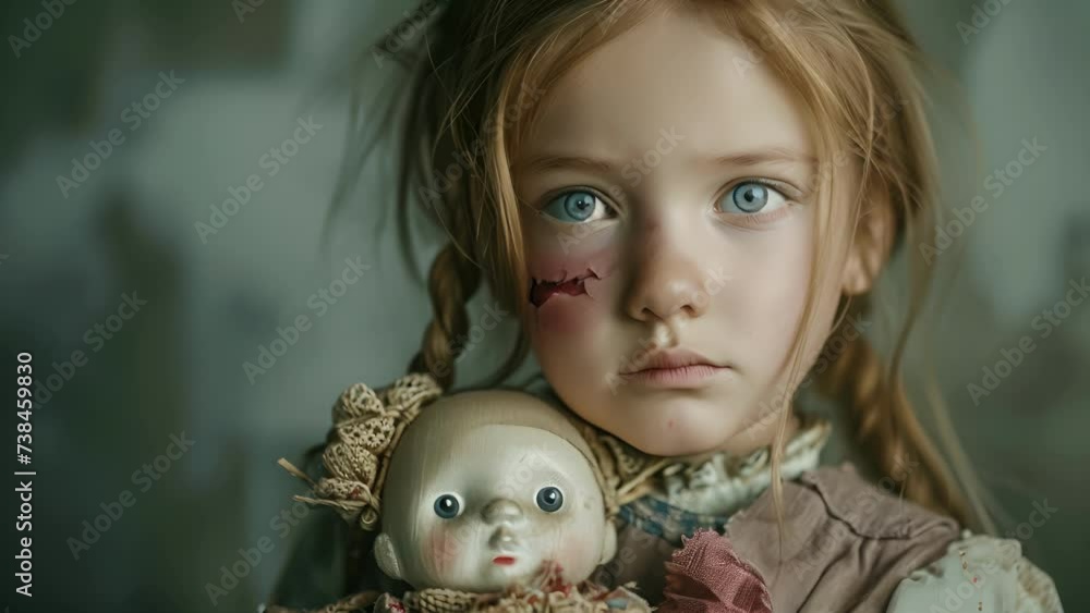A young girl with a broken doll and a tearstained face symbolizing the ...