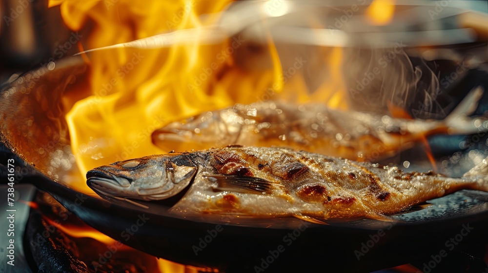 Whole fish fried cooking on grill oil pan. Banner background design ...