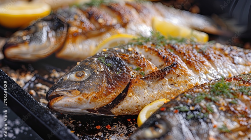 Whole fish fried cooking on grill oil pan. Banner background design ...