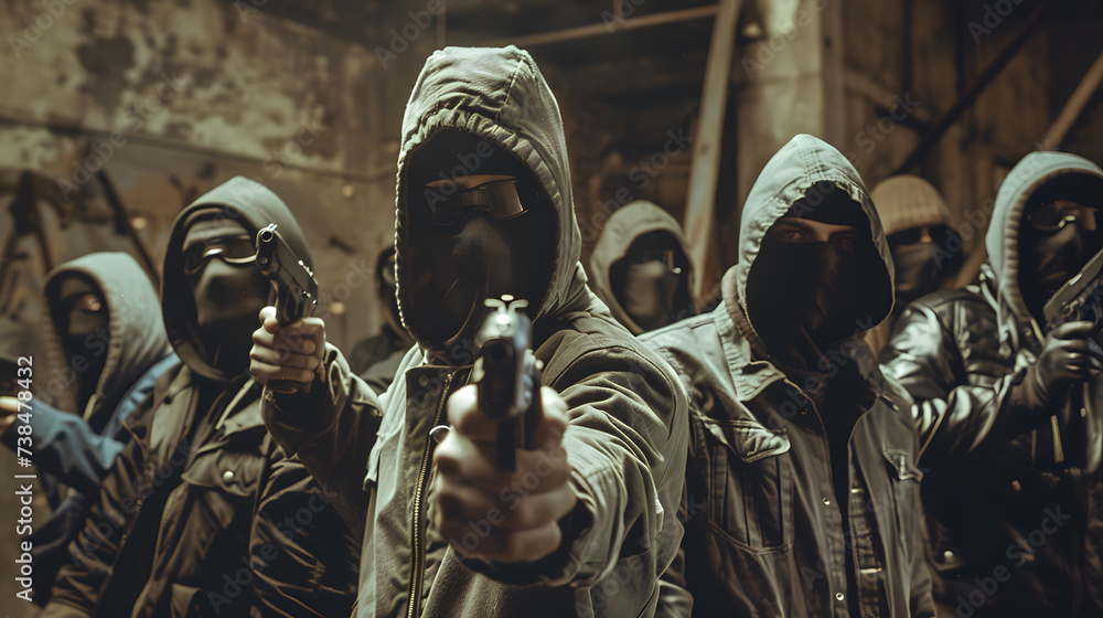 A group of thieves wearing ski masks are robbing a bank, The thieves ...